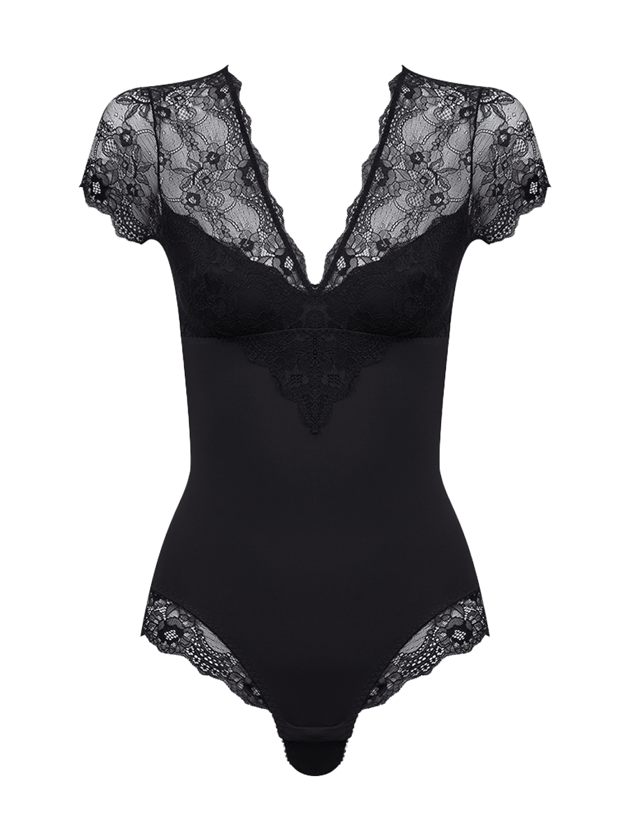 Body Modelador em Renda e Microfibra Preto